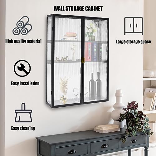 JINHZIXIU Retro Style Haze Double PC Door Wall Cabinet Display Cupboard with Detachable Shelves Enclosed Storage Cabinet for Office Dining Room Living Room Kitchen Bathroom Black
