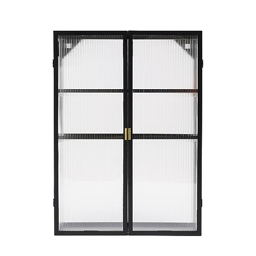 JINHZIXIU Retro Style Haze Double PC Door Wall Cabinet Display Cupboard with Detachable Shelves Enclosed Storage Cabinet for Office Dining Room Living Room Kitchen Bathroom Black