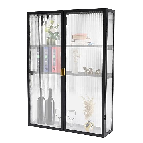 JINHZIXIU Retro Style Haze Double PC Door Wall Cabinet Display Cupboard with Detachable Shelves Enclosed Storage Cabinet for Office Dining Room Living Room Kitchen Bathroom Black