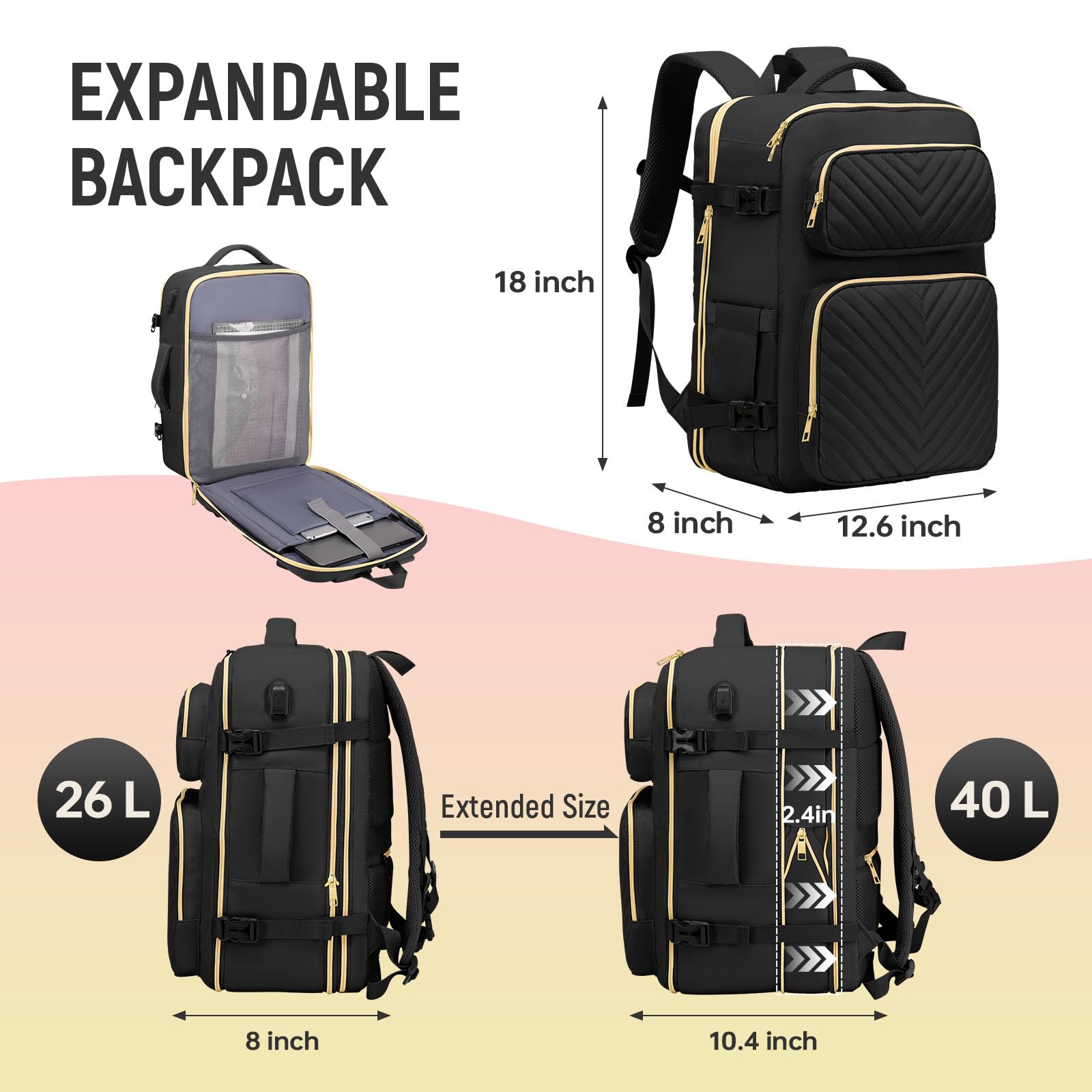 DWQOO Travel Backpack for Women Men, Flight Approved Carry on Backpack, Large Expandable Suitcase Bag, 17.3 Inch Laptop Bag for Weekender Business Camping Hiking,Black