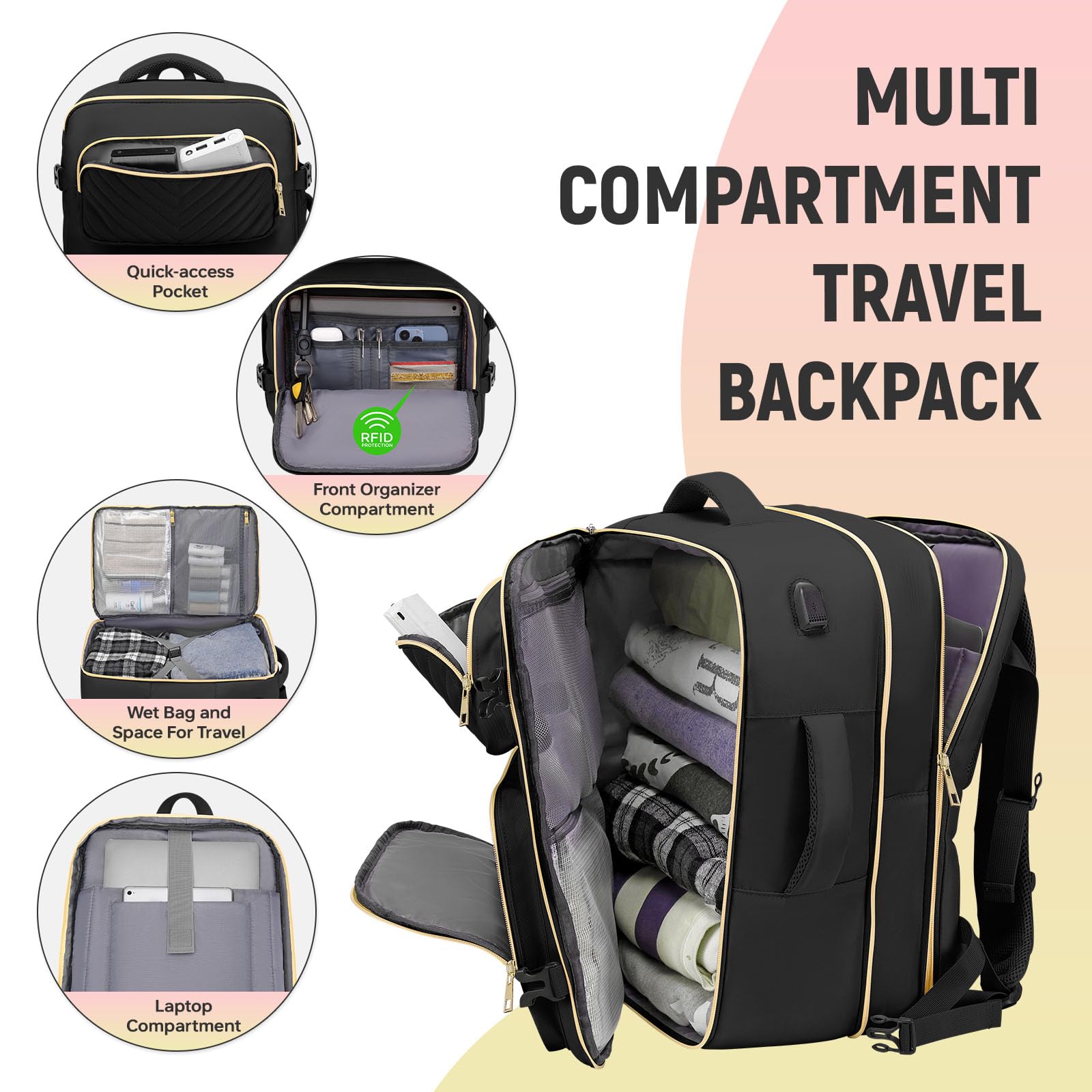 DWQOO Travel Backpack for Women Men, Flight Approved Carry on Backpack, Large Expandable Suitcase Bag, 17.3 Inch Laptop Bag for Weekender Business Camping Hiking,Black