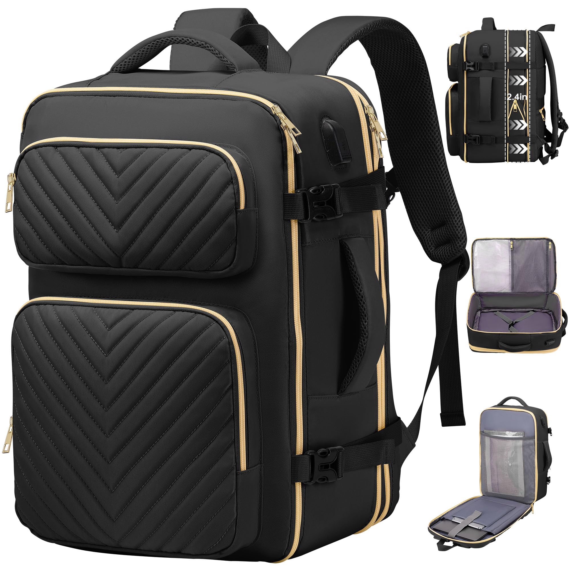 DWQOO Travel Backpack for Women Men, Flight Approved Carry on Backpack, Large Expandable Suitcase Bag, 17.3 Inch Laptop Bag for Weekender Business Camping Hiking,Black