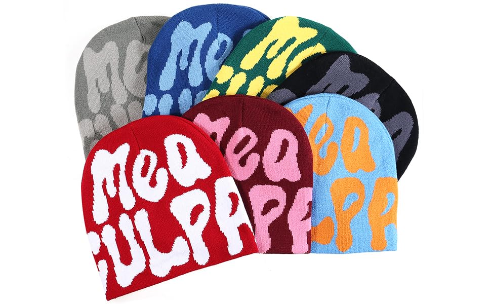 TaowaveWomen Beanie Y2k Hat,MEA Culpa Graphic Beanies Designs,Winter Hat Knit Skull Cap Gray Blue (Gray Blue)