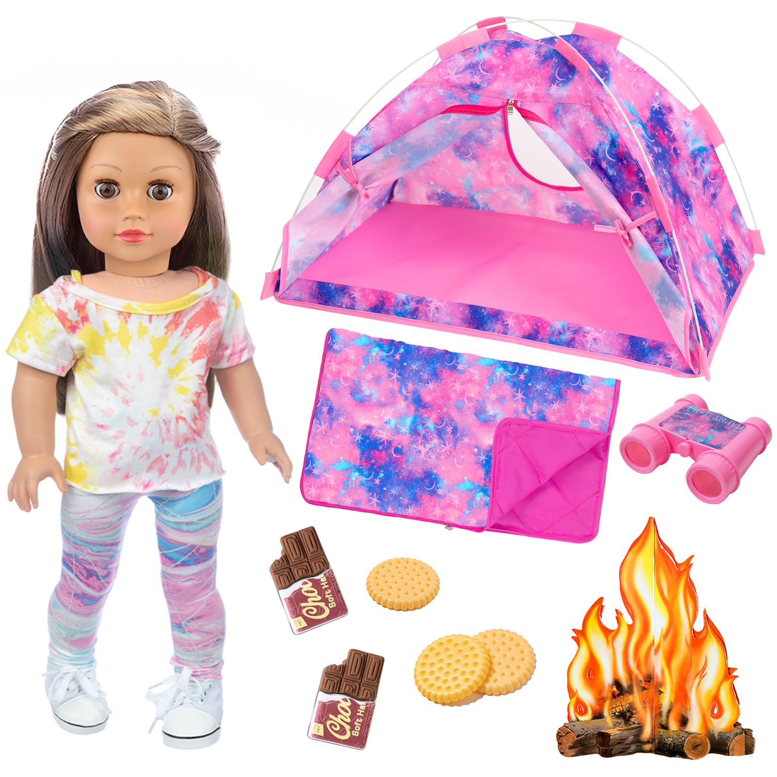ZITA ELEMENT 11 Items 18 Inch Doll Accessories Camping Tent Set - Including Doll Camping Tent Clothes Set Binoculars Campfire Chocolate Compressed Biscuit