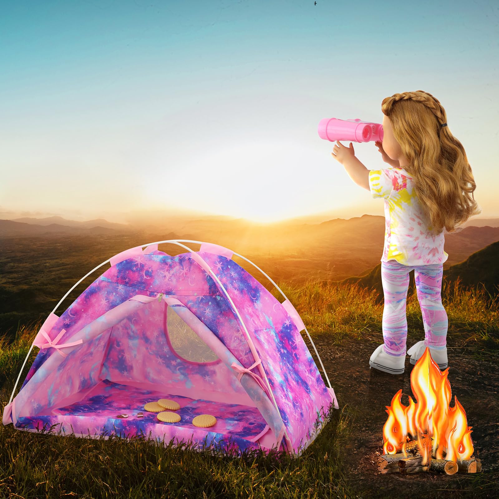 ZITA ELEMENT 11 Items 18 Inch Doll Accessories Camping Tent Set - Including Doll Camping Tent Clothes Set Binoculars Campfire Chocolate Compressed Biscuit