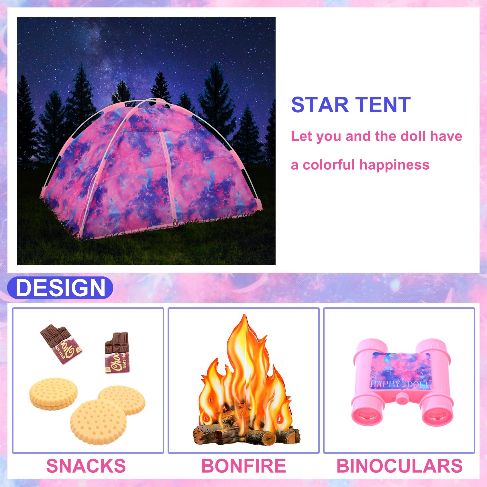 ZITA ELEMENT 11 Items 18 Inch Doll Accessories Camping Tent Set - Including Doll Camping Tent Clothes Set Binoculars Campfire Chocolate Compressed Biscuit