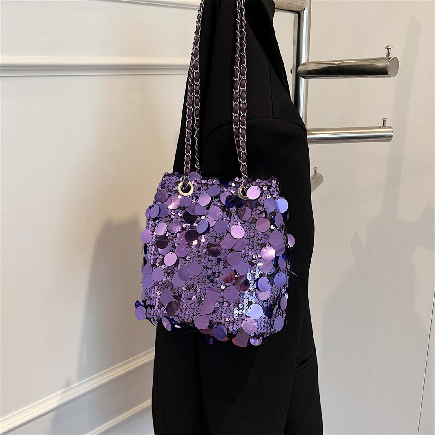 Glitter Sequin Evening Shoulder Crossbody Bag Women Bling Handbag and Purse Sparkly Prom Party Bucket Bag (Purple)