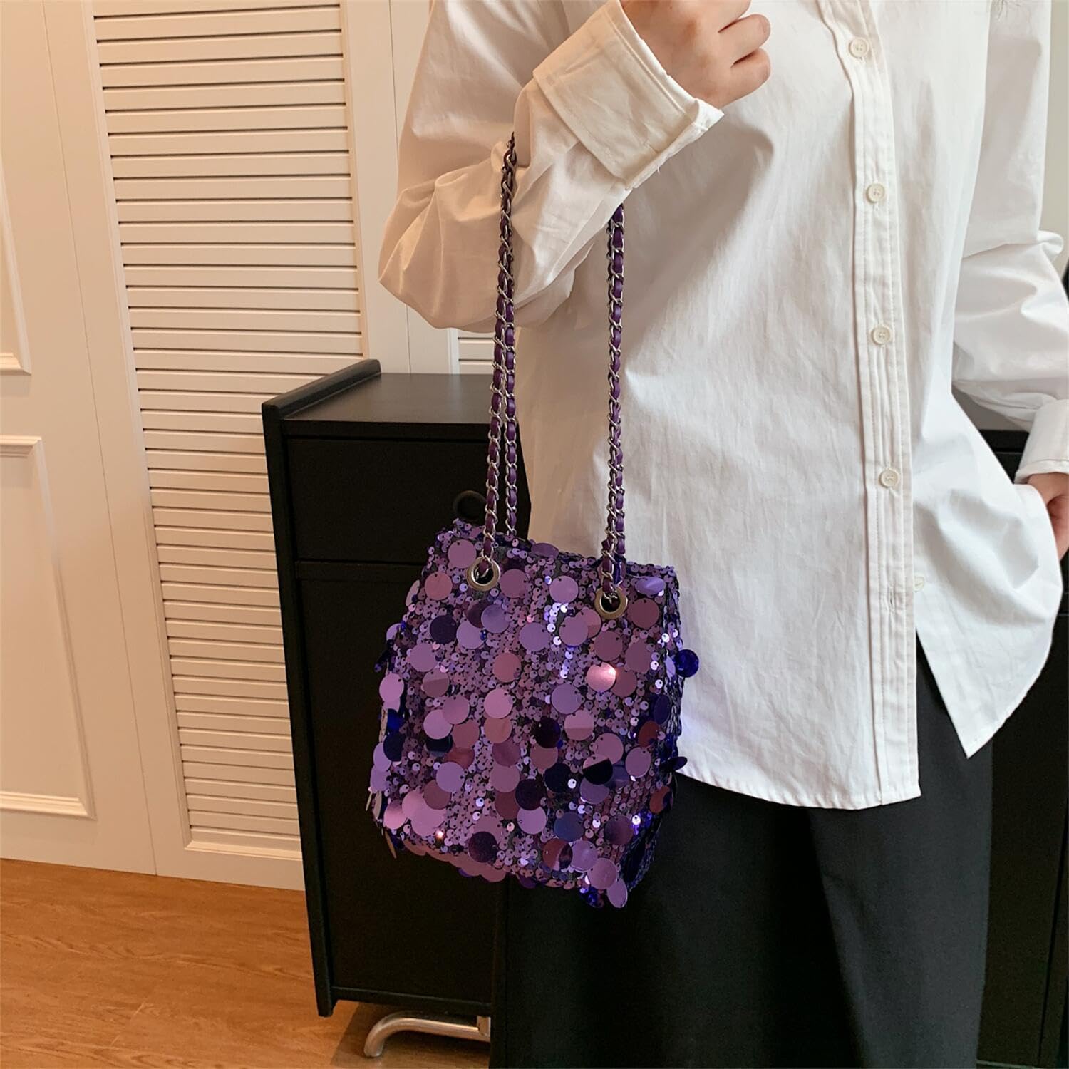 Glitter Sequin Evening Shoulder Crossbody Bag Women Bling Handbag and Purse Sparkly Prom Party Bucket Bag (Purple)