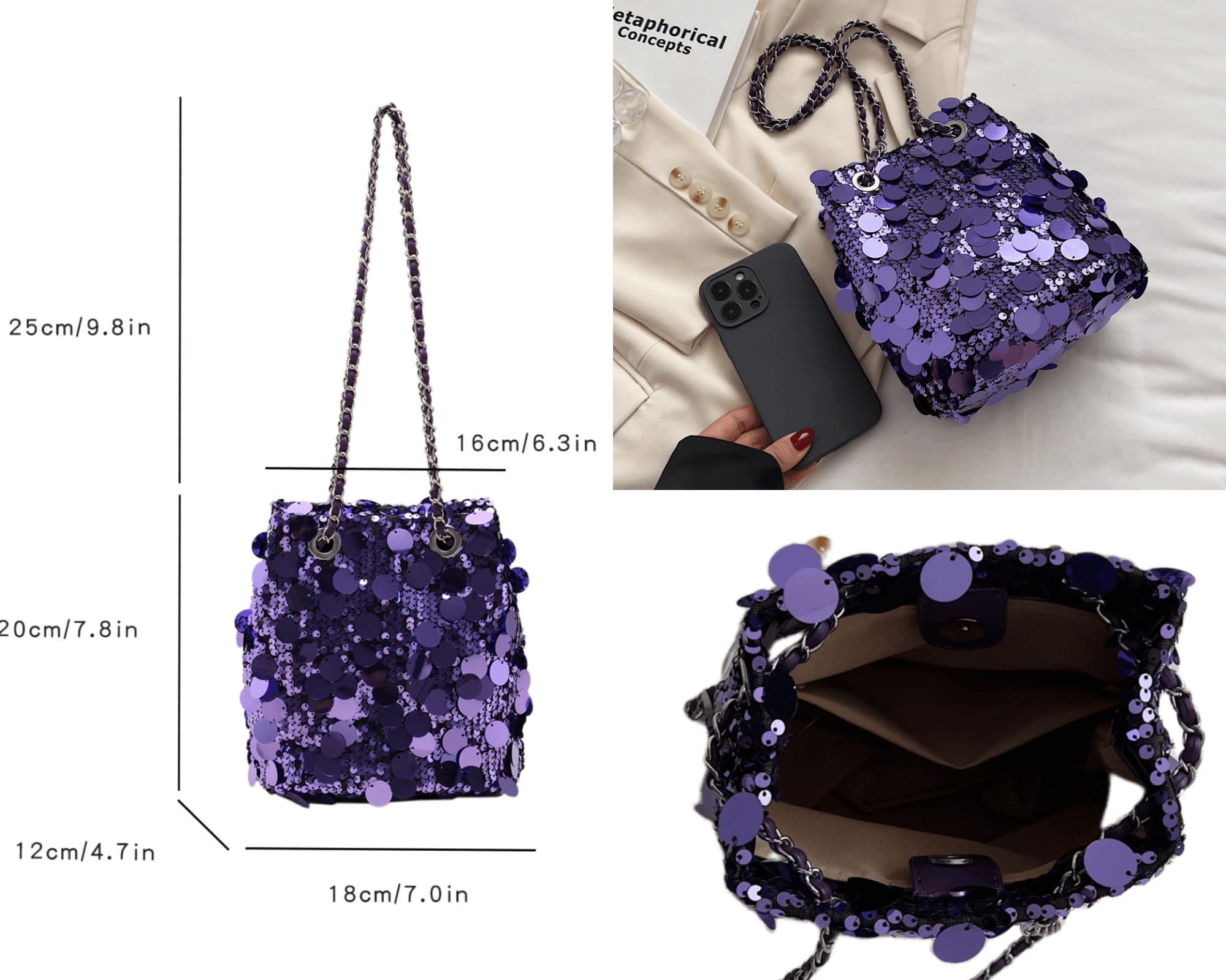 Glitter Sequin Evening Shoulder Crossbody Bag Women Bling Handbag and Purse Sparkly Prom Party Bucket Bag (Purple)