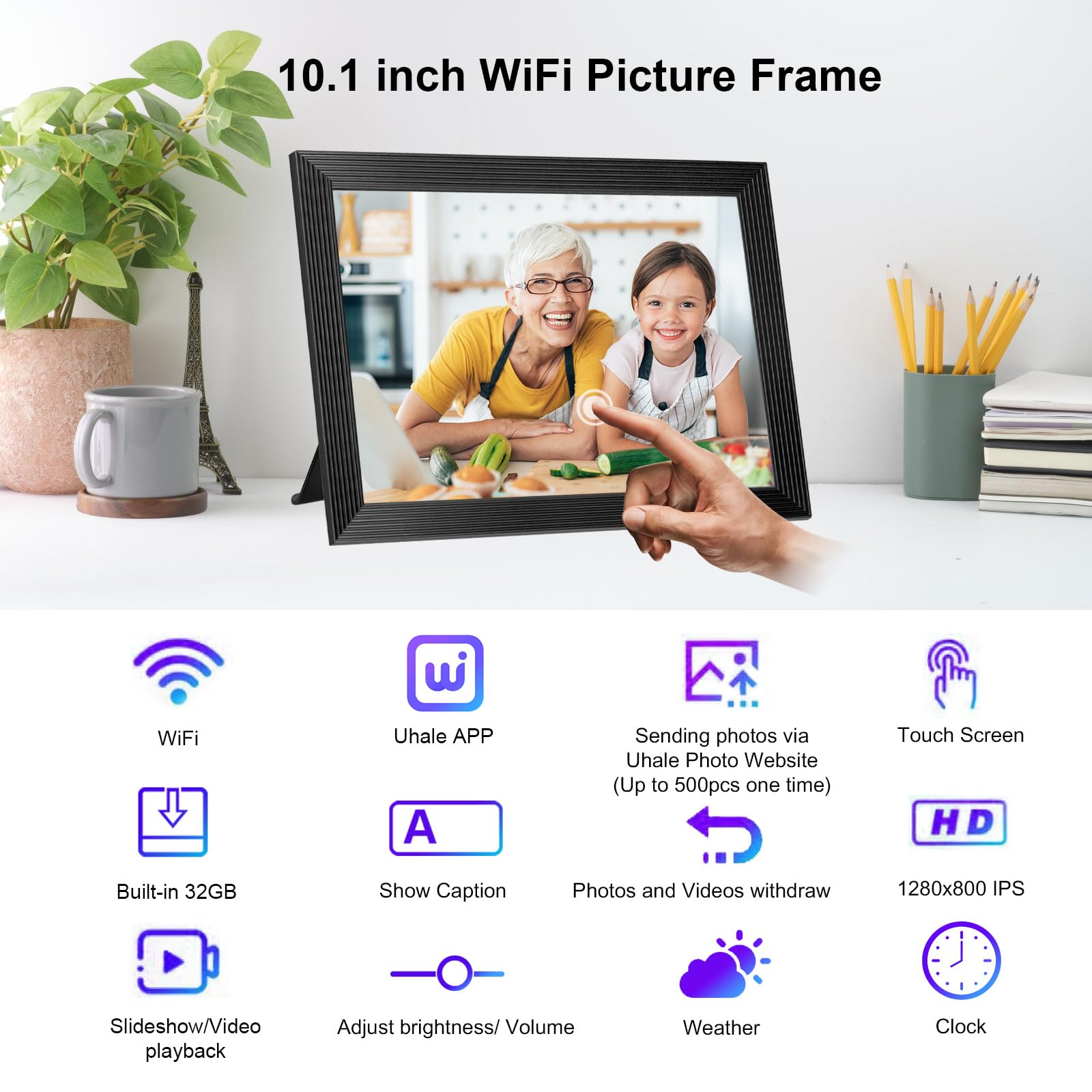 32GB 10.1 inch WiFi Digital Photo Frame 1280 * 800 IPS Touch Screen Share Moments via App from Anywhere, Support Mirco SD Card Extend Storage, Auto-Rotate