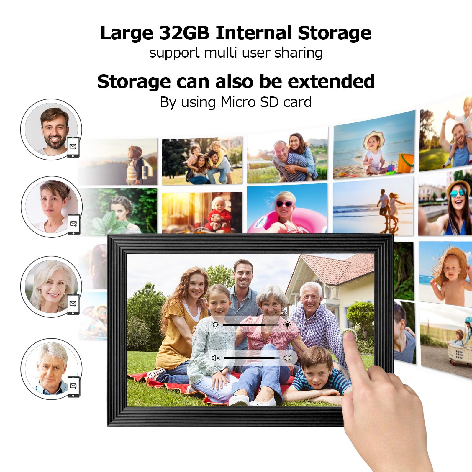 32GB 10.1 inch WiFi Digital Photo Frame 1280 * 800 IPS Touch Screen Share Moments via App from Anywhere, Support Mirco SD Card Extend Storage, Auto-Rotate