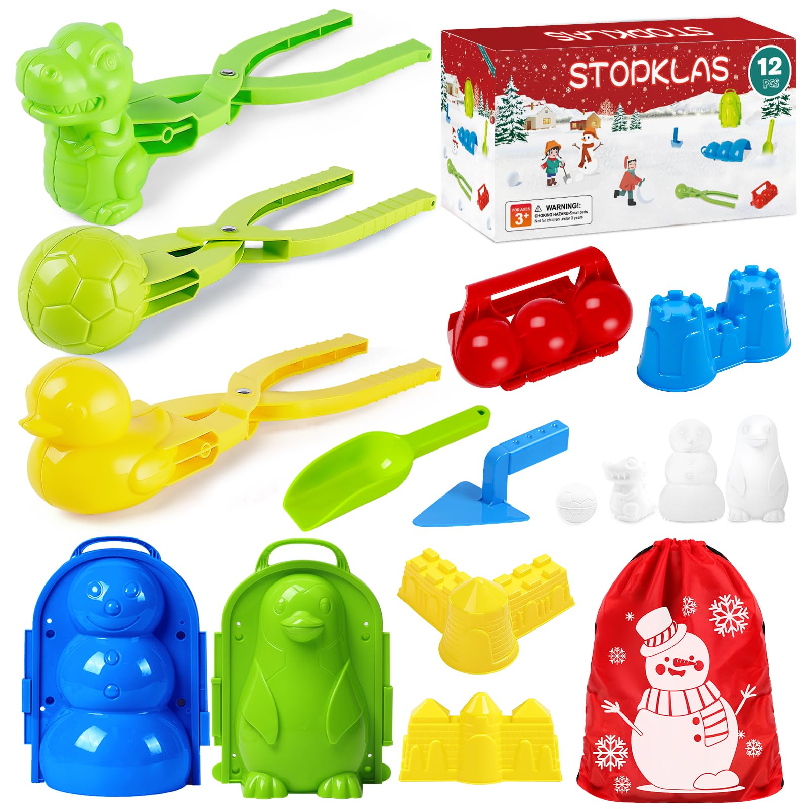 STOPKLAS Snowball Maker Tool Snow Toys for Kids, Snow Molds Snowman Kit with Storage Bag, Outdoor Winter Toys for Toddlers with Duck Snowball Maker Dinosaur Soccer Snow Clips Penguin Castle