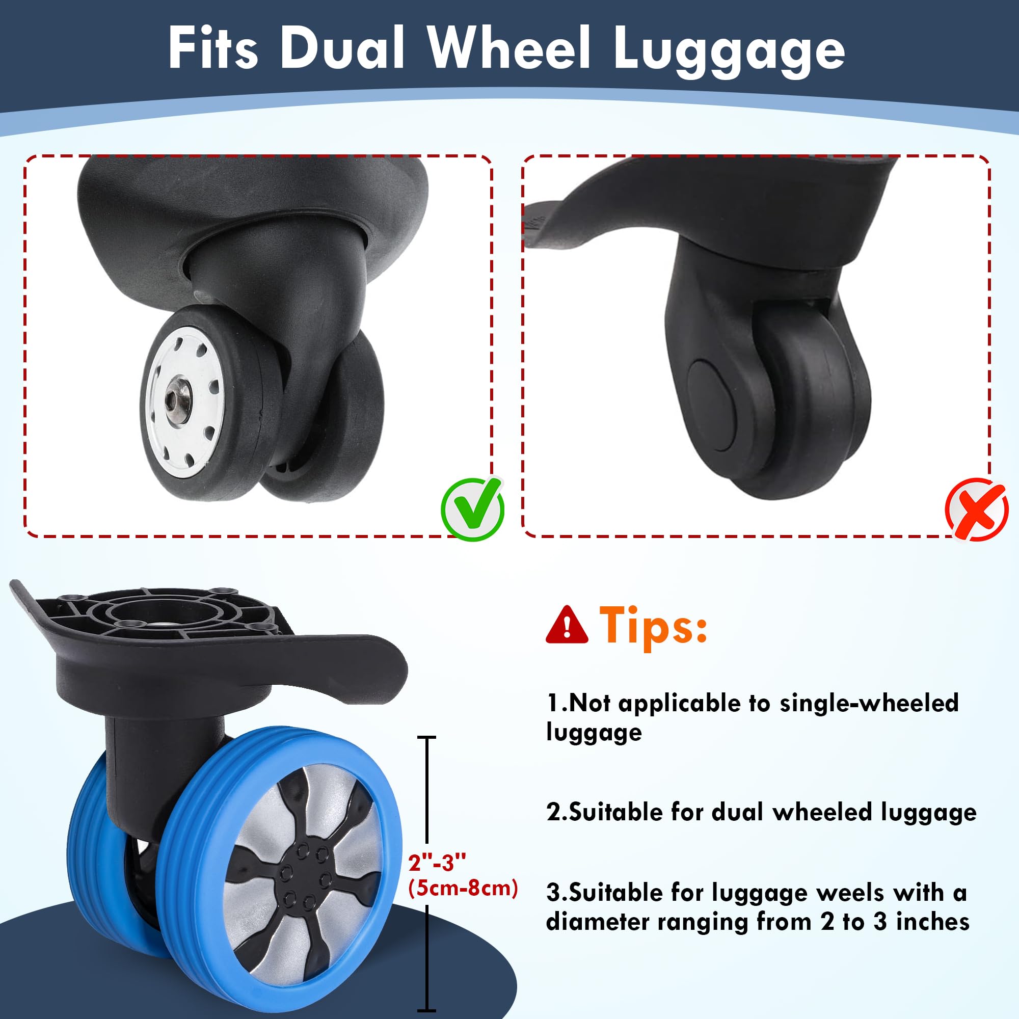 8 PCS Luggage Wheel Cover, Luggage Suitcase Wheels Protector Covers, Silicone Luggage Spinner Wheel Covers for Most 8-Spinner Wheels Travel Luggage Cover, No Noise (Blue)