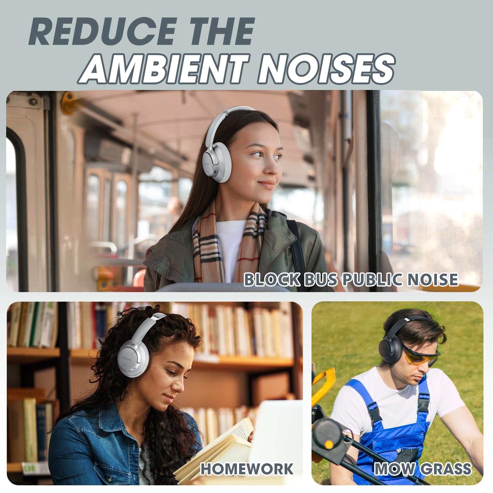 BERIBES Upgraded Hybrid Active Noise Cancelling Wireless Headphones with Transparent Modes,70H Playtime Bluetooth Headphones Wireless with Mic, Deep Bass,3.5MM Cable,Soft-Earpads,Fast Charging-Silver