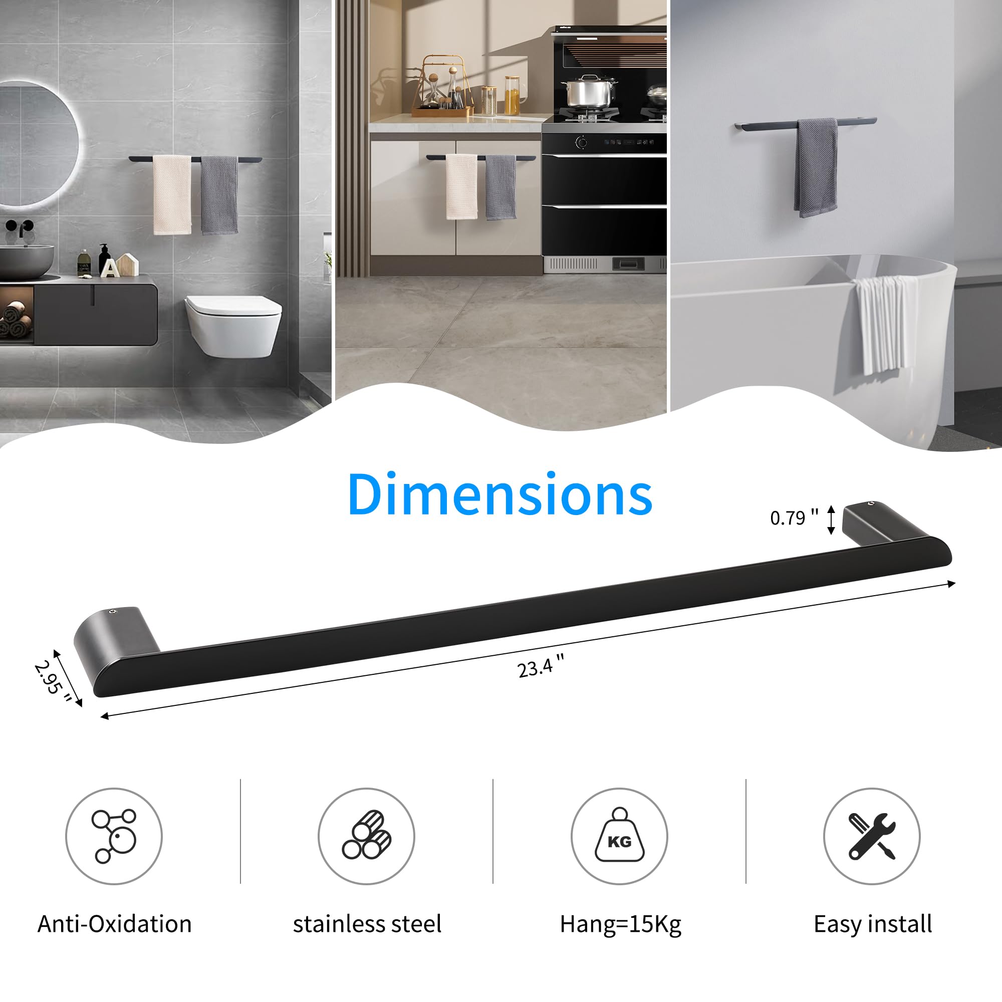 LGDYGSYH Black Towel Bar for Bathroom,24 inch Towel Rack Holder Wall Mounted for Bathroom Decor Aesthetic Matte Stainless Steels