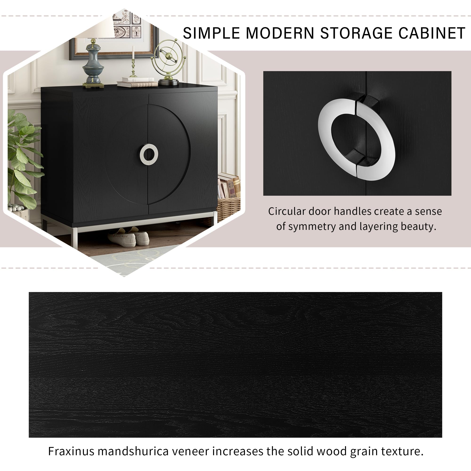 P PURLOVE Accent Storage Cabinet with Adjustable Shelf, Simple Sideboard Storage Buffet Cabinet with Solid Wood Veneer and Metal Leg Frame for Living Room, Entryway, Dining Room,Black