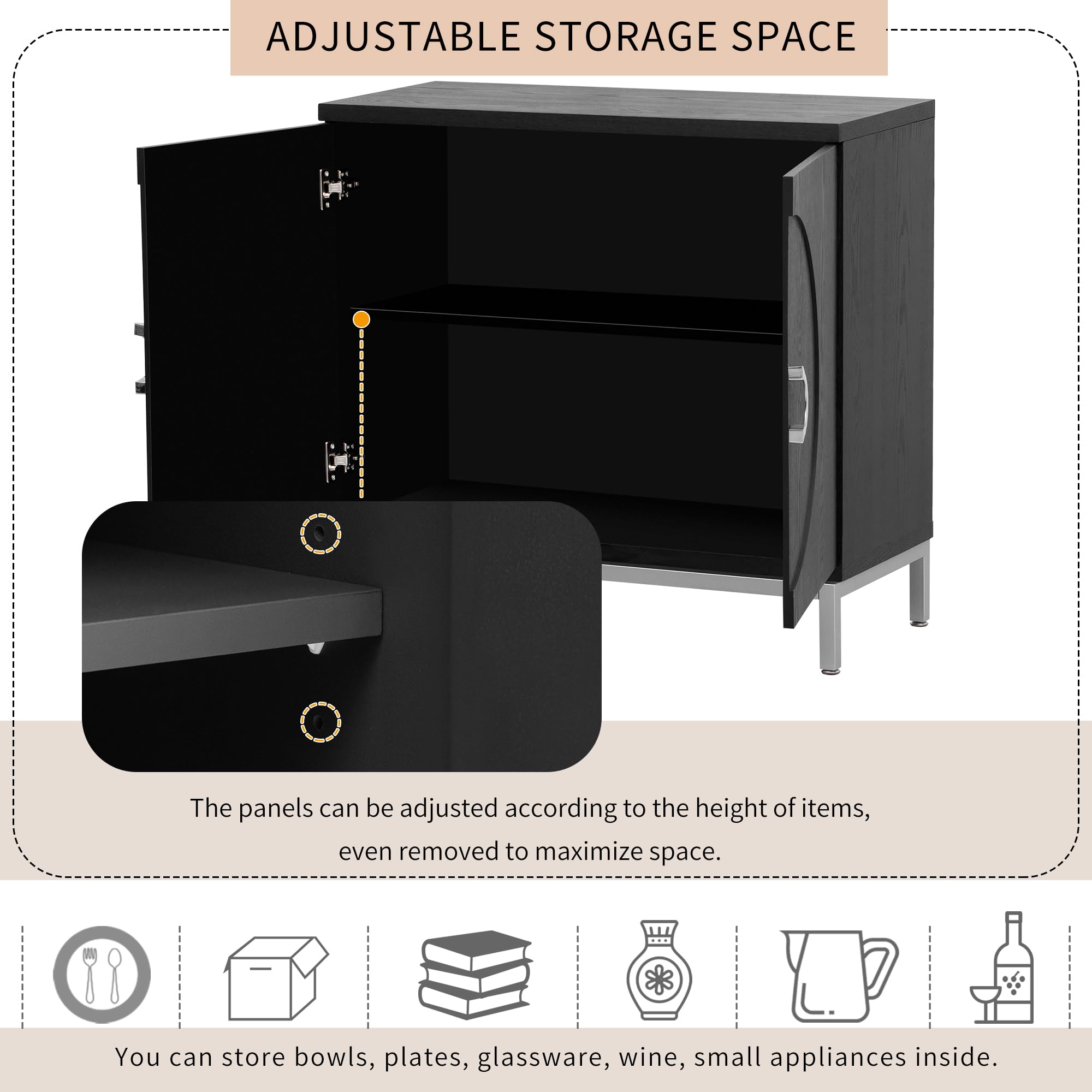 P PURLOVE Accent Storage Cabinet with Adjustable Shelf, Simple Sideboard Storage Buffet Cabinet with Solid Wood Veneer and Metal Leg Frame for Living Room, Entryway, Dining Room,Black