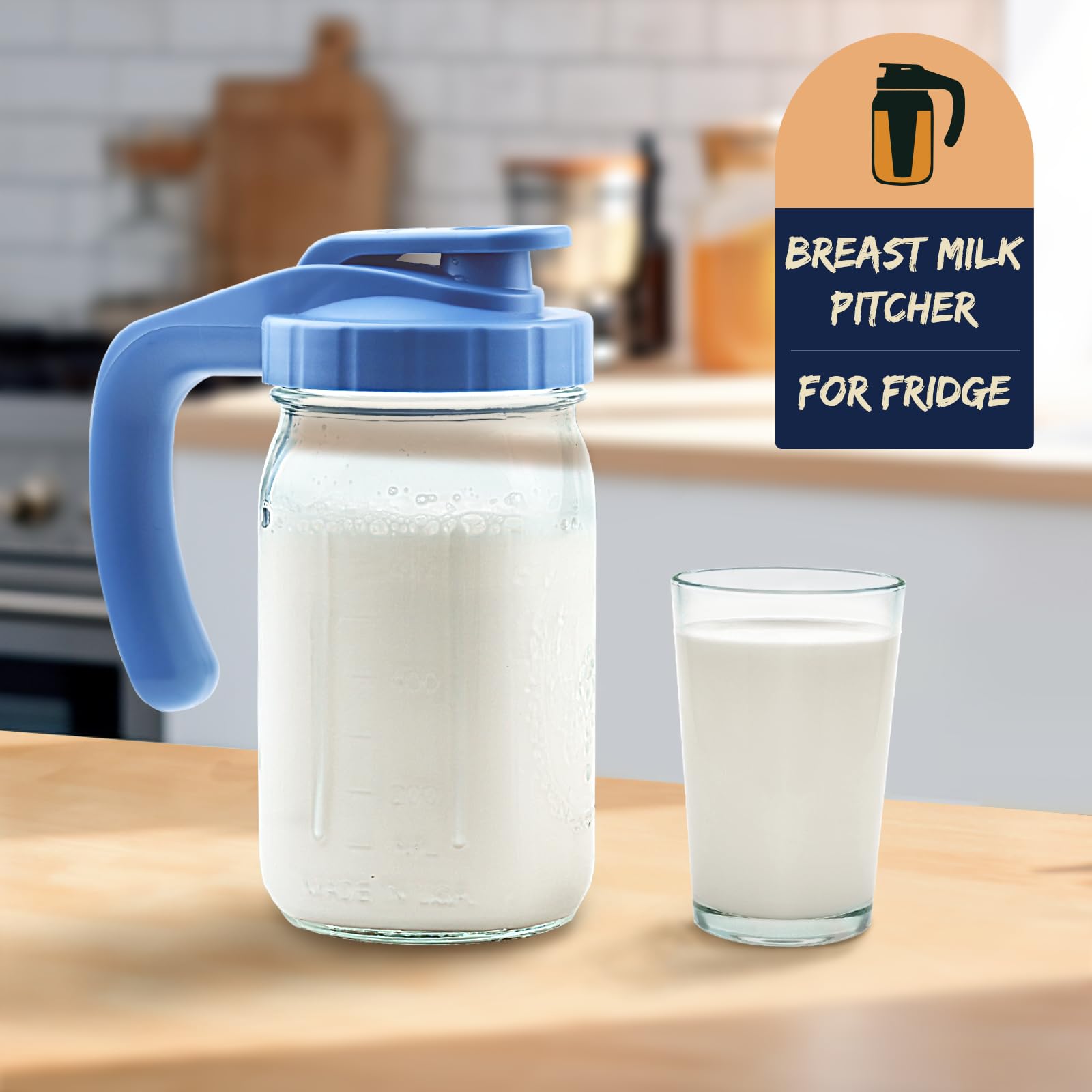 Glass Mason Jar Pitcher with Lid - Wide Mouth,1 Quart (32oz / 1 Liter) LIVEBAY Breast Milk Pitcher, Heavy Duty Glass Breastmilk Storage Container for Sun Tea, Juice, Cold Brew Coffee
