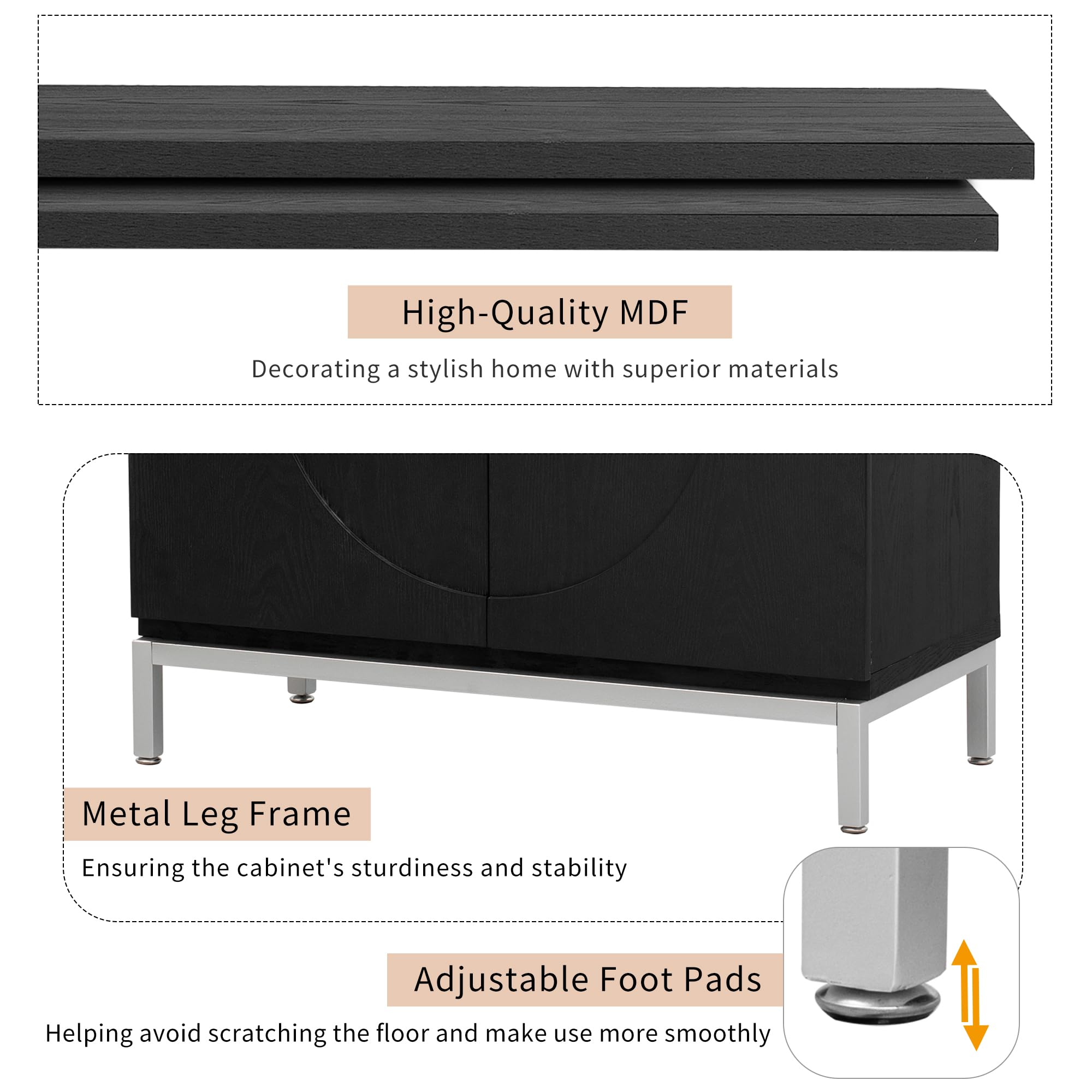 P PURLOVE Accent Storage Cabinet with Adjustable Shelf, Simple Sideboard Storage Buffet Cabinet with Solid Wood Veneer and Metal Leg Frame for Living Room, Entryway, Dining Room,Black