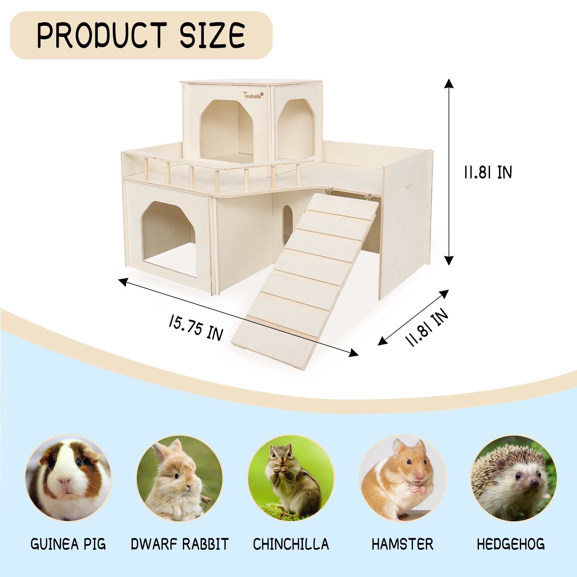Wooden Guinea Pig Hideout House with Ramp, Large Guinea Pig Castle, Multi-Chamber Small Animal Habitat Decor, Cage Accessories for Hamster Guinea Pig Chinchilla Dwarf Rabbit Hedgehog Squirrel