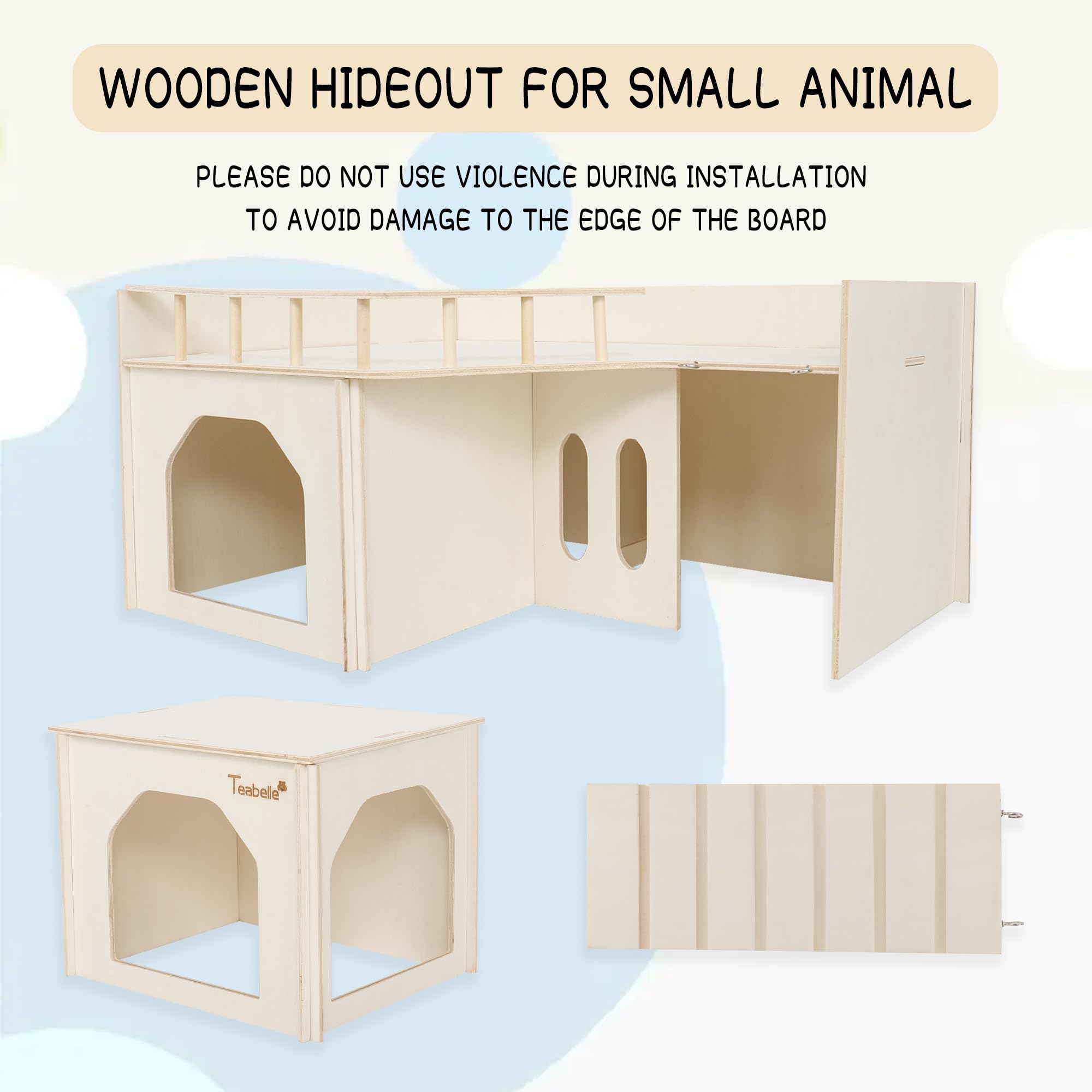 Wooden Guinea Pig Hideout House with Ramp, Large Guinea Pig Castle, Multi-Chamber Small Animal Habitat Decor, Cage Accessories for Hamster Guinea Pig Chinchilla Dwarf Rabbit Hedgehog Squirrel
