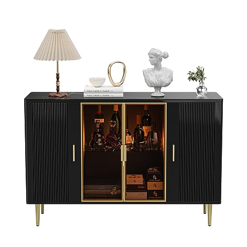 IKIFLY Modern Sideboard Buffet Cabinet with Storage, 47" Kitchen Storage Cabinets with Glass Doors and Shelves, LED Lights, Coffee Bar Cabinet for Dining Room, Kitchen, Hallway, Living Room, HU9156