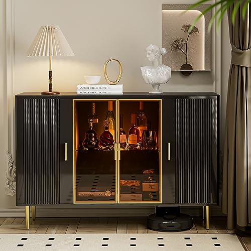 IKIFLY Modern Sideboard Buffet Cabinet with Storage, 47" Kitchen Storage Cabinets with Glass Doors and Shelves, LED Lights, Coffee Bar Cabinet for Dining Room, Kitchen, Hallway, Living Room, HU9156