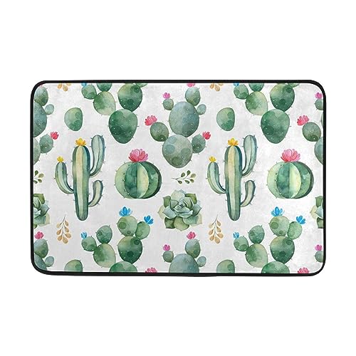 Doormat Welcome Door Mat-Green Watercolor Cactus Succulents and Multicolored Flowers,Living Room Kitchen Floor Mat Home Indoor Outdoor Decoration 24X16INCH