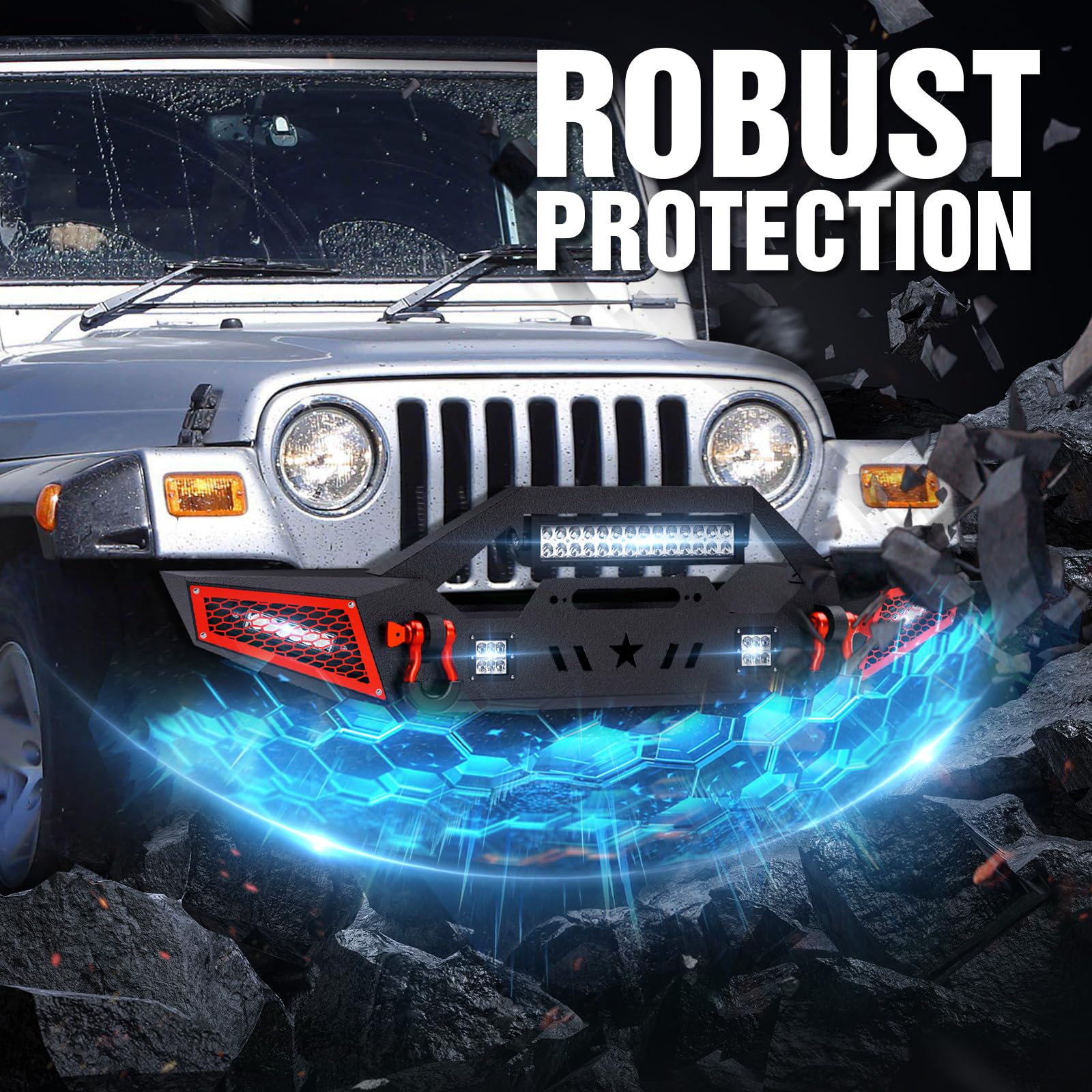 OBNAUX Front Bumper Compatible with 1987-2006 Jeep Wrangler TJ YJ LJ (2/4 Doors) Rock Built-in Winch Plate & D-rings