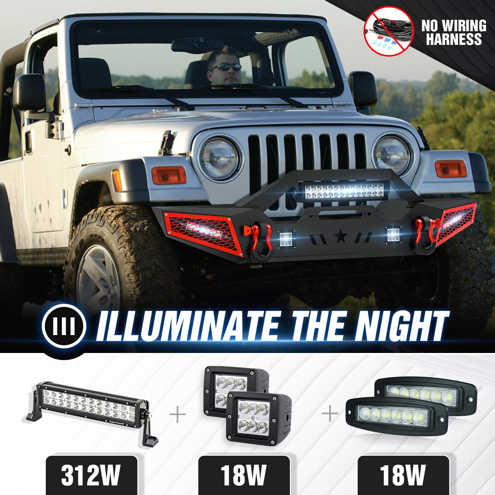 OBNAUX Front Bumper Compatible with 1987-2006 Jeep Wrangler TJ YJ LJ (2/4 Doors) Rock Built-in Winch Plate & D-rings