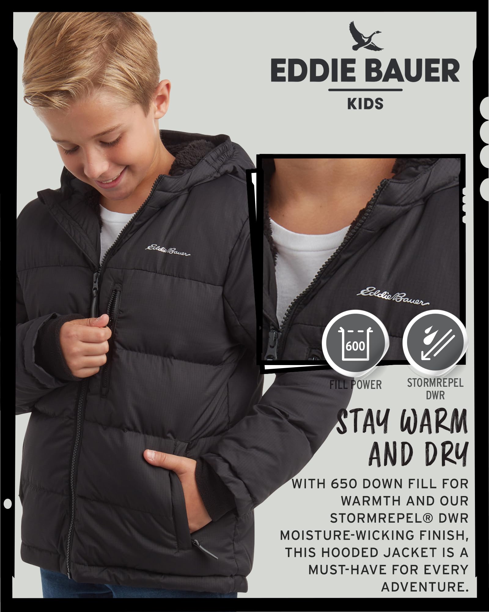 Eddie Bauer Boys' Winter Jacket - Heavyweight Quilted Down Jacket - Insulated Hooded Outerwear Coat for Boys (5-16), Size 14, Black
