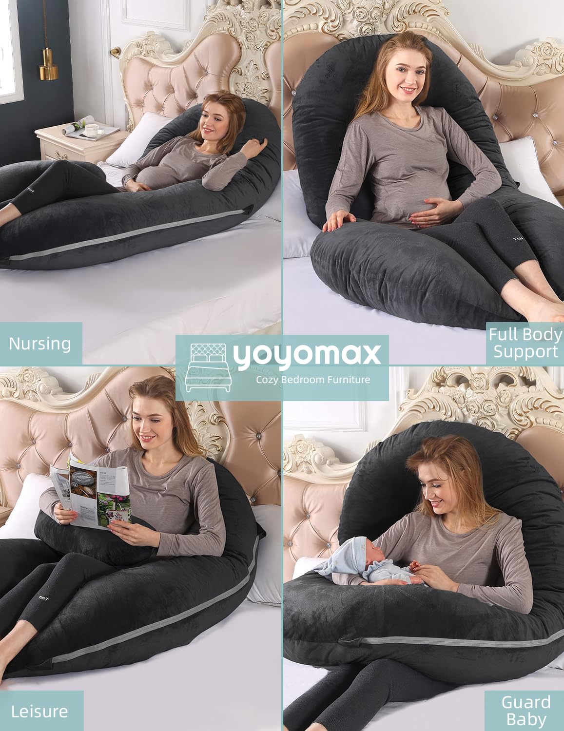 TINKLE WELL C-Shaped Pregnancy Pillows, Memory Foam Pregnancy Pillow Full Body Maternity Pillow with Removable Cover, 52 Inch Pregnancy Pillows for Sleeping (Black)