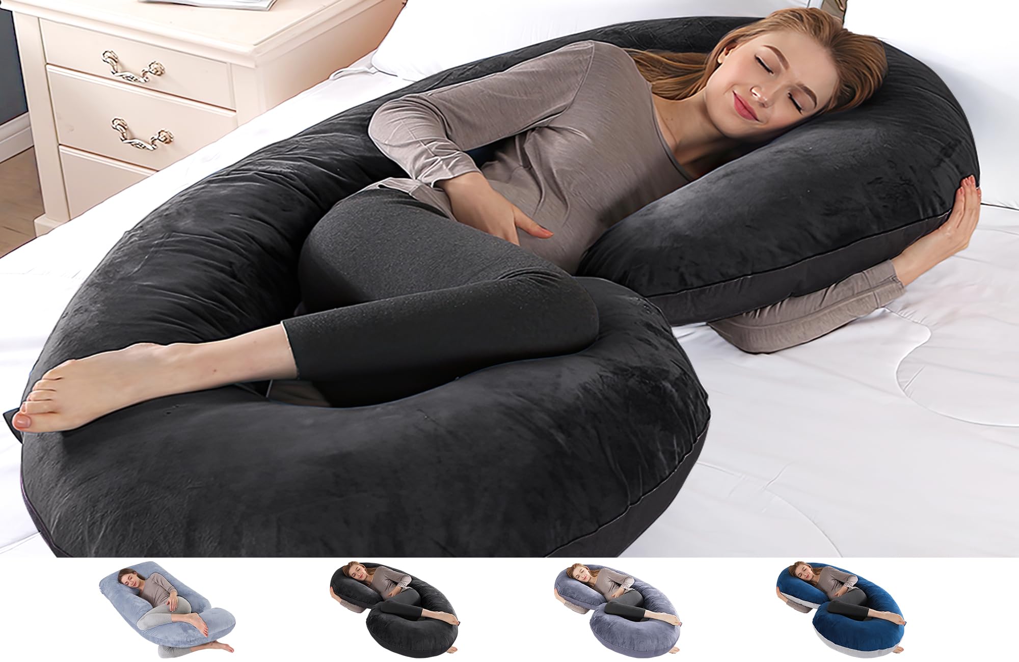 TINKLE WELL C-Shaped Pregnancy Pillows, Memory Foam Pregnancy Pillow Full Body Maternity Pillow with Removable Cover, 52 Inch Pregnancy Pillows for Sleeping (Black)