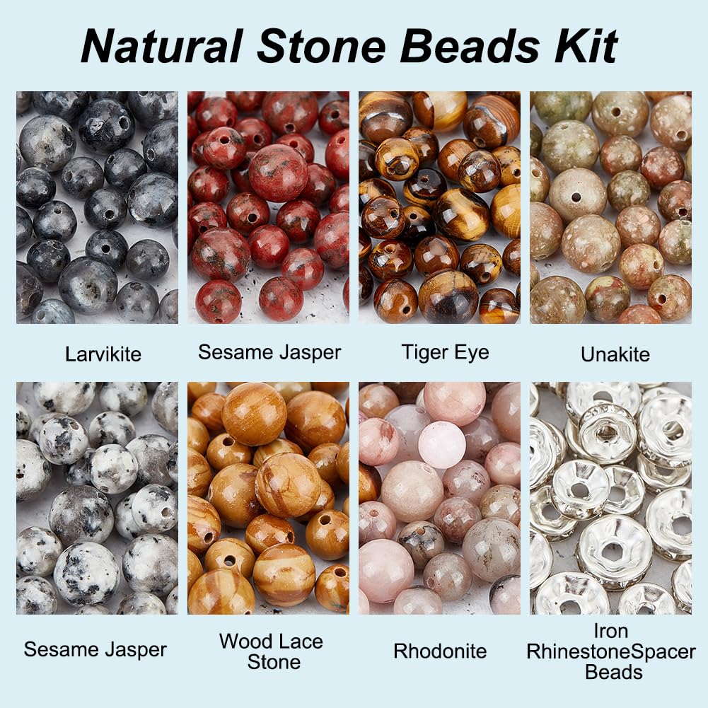 NBEADS About 460 Pcs Natural Stone Beads Kit, 6mm 8mm Natural Gemstone Beads Loose Round Stone Beads with Rhinestone Spacer Beads for DIY Bracelet Necklaces Jewelry Making