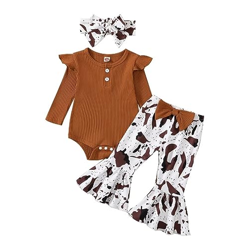 JOIMOCY Baby Girl Clothes 12-18 months Ribbed Ruffled Romper+Leopard Flared Pants Infant Fall Winter Outifts, Brown Girls Clothing 12-18M/100cm