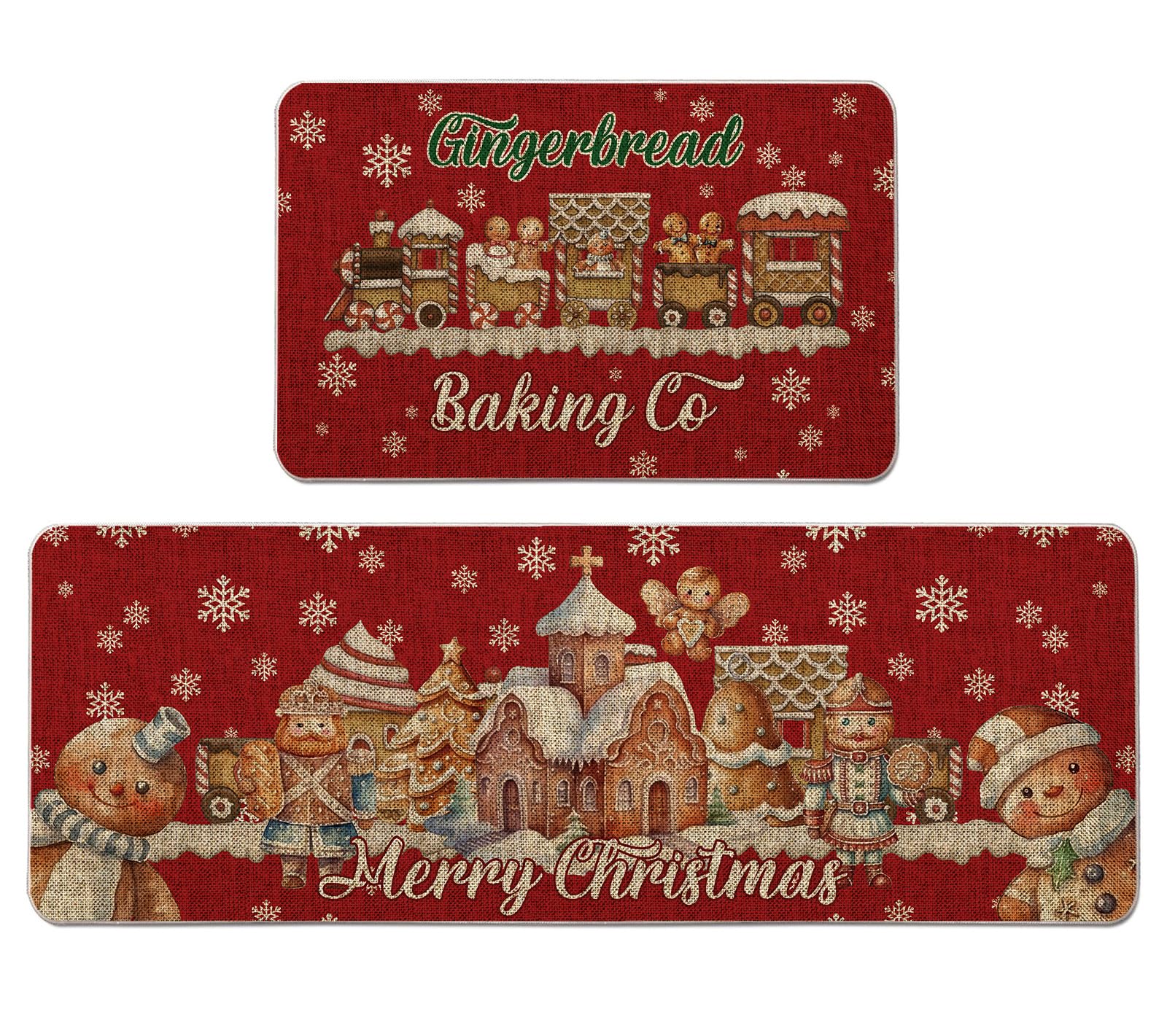 GAGEC Christmas Kitchen Rug Gingerbread Family Red Kitchen Mat Set of 2 Merry Christmas Winter Farmhouse Party Floor Mat for Home Kitchen Bathroom Decorations - 17x27 and 17x47 Inch