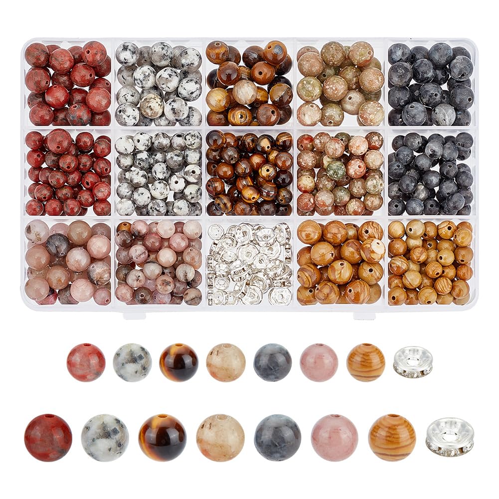 NBEADS About 460 Pcs Natural Stone Beads Kit, 6mm 8mm Natural Gemstone Beads Loose Round Stone Beads with Rhinestone Spacer Beads for DIY Bracelet Necklaces Jewelry Making