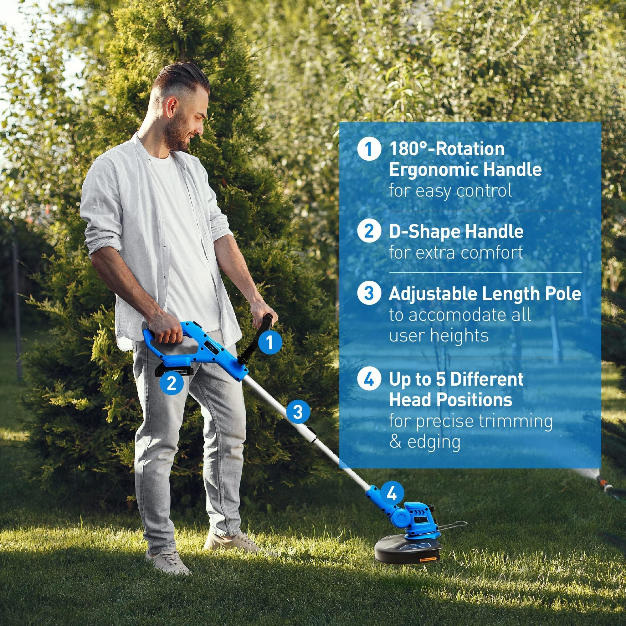 Weed Wacker Battery Powered, 20V Cordless String Trimmer & Edger, 12 Inch Weed Eater with 3 Spools, Edger Lawn Tool with 90 Degree Adjustable Head, with 2 x 2.0Ah Batteries and Fast Charger