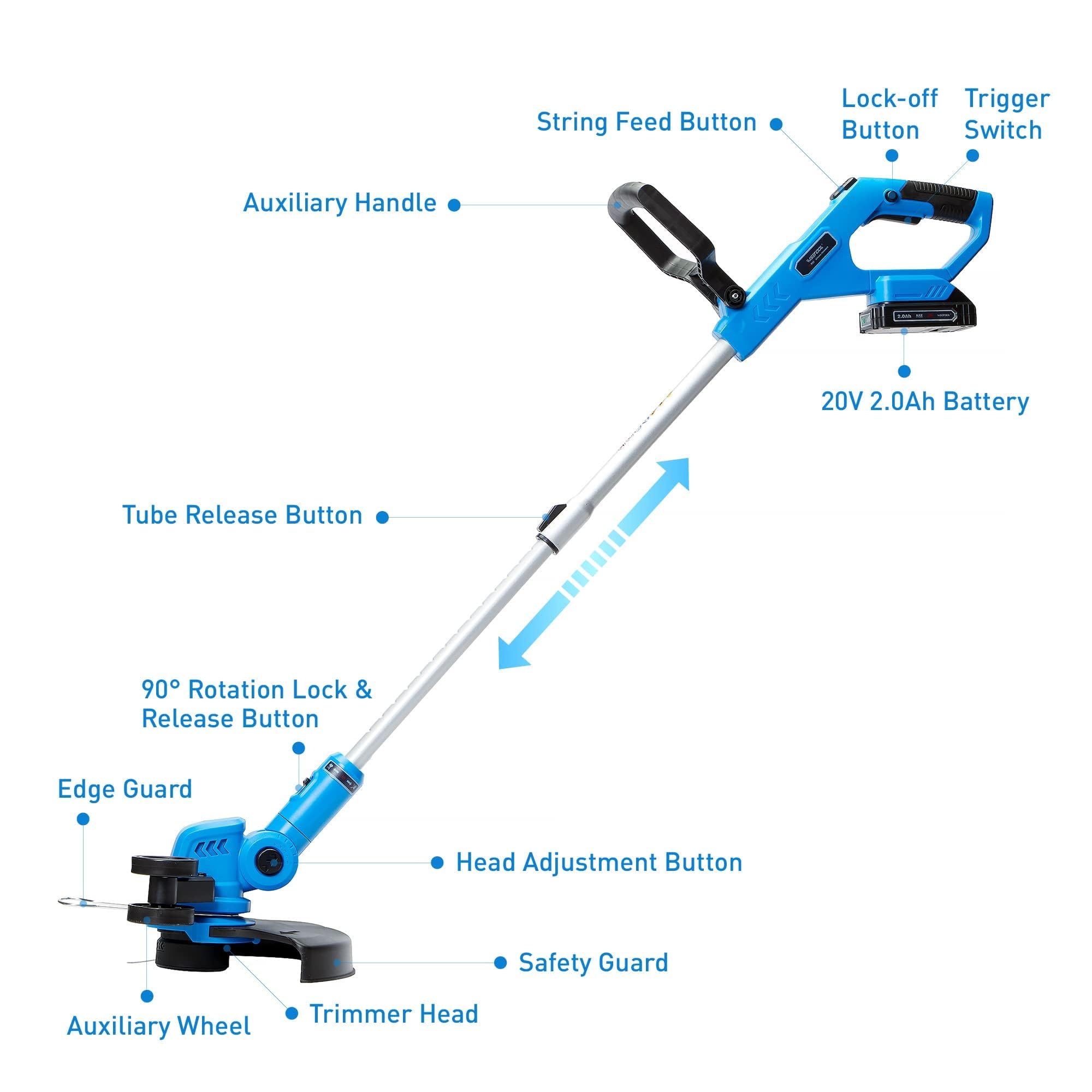 Weed Wacker Battery Powered, 20V Cordless String Trimmer & Edger, 12 Inch Weed Eater with 3 Spools, Edger Lawn Tool with 90 Degree Adjustable Head, with 2 x 2.0Ah Batteries and Fast Charger
