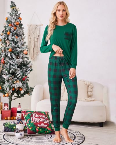 difficort Christmas Pajamas for Women Long Sleeve Shirt and Pajama Pants Soft Lounge Sets with Pockets, Dark Green, Medium