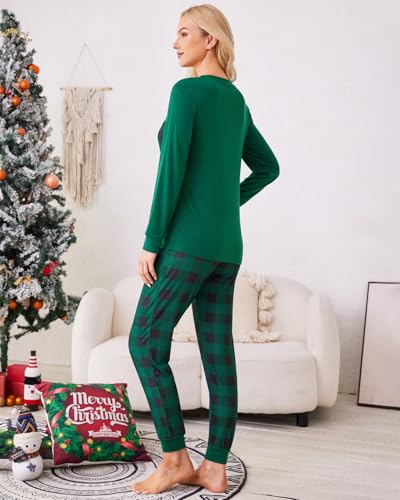 difficort Christmas Pajamas for Women Long Sleeve Shirt and Pajama Pants Soft Lounge Sets with Pockets, Dark Green, Medium