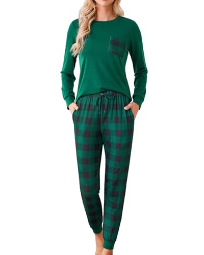 difficort Christmas Pajamas for Women Long Sleeve Shirt and Pajama Pants Soft Lounge Sets with Pockets, Dark Green, Medium