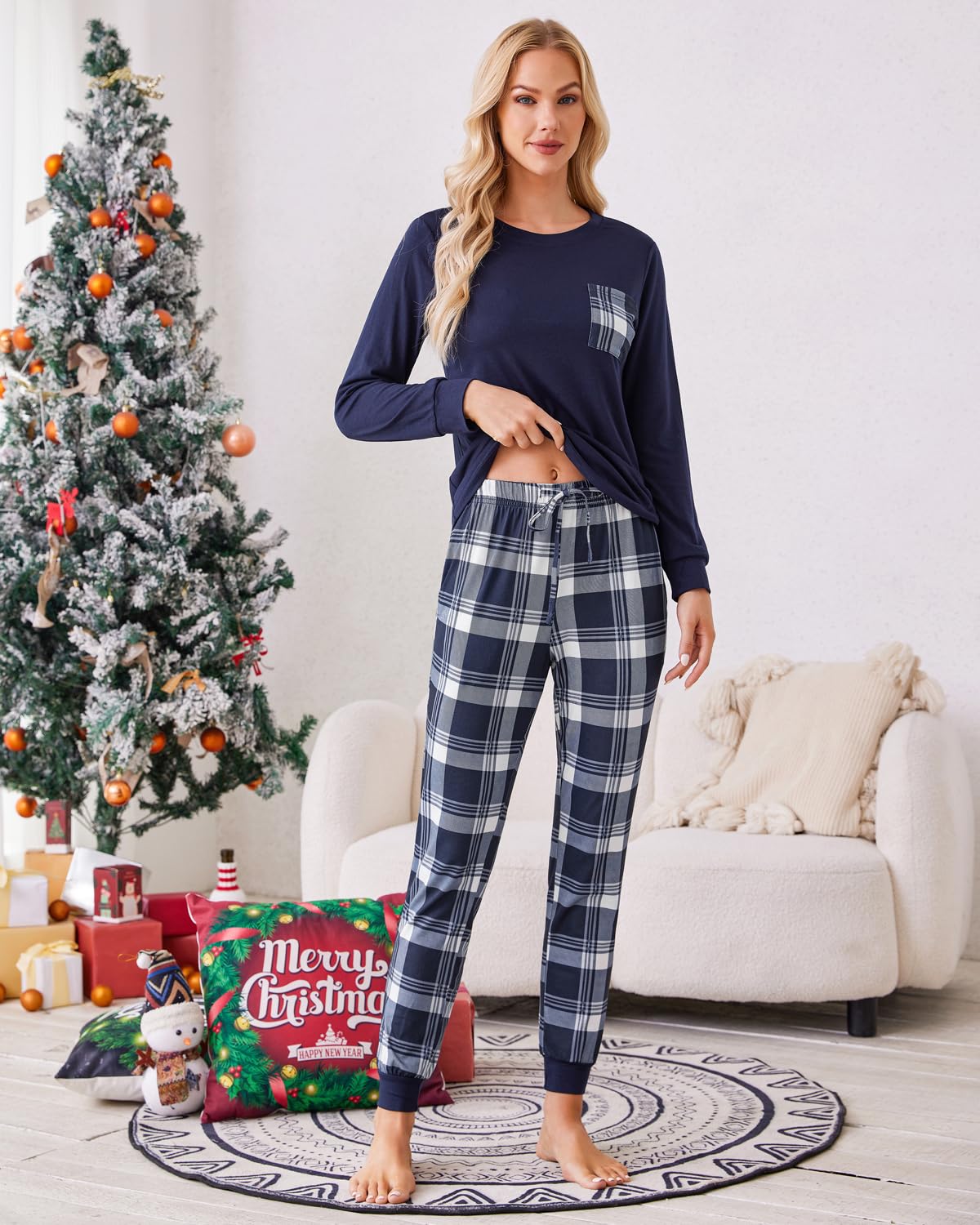 difficort Pajama Sets for Women Soft Two Piece Christmas Pjs Long Sleeve Holiday Pajamas with Pockets, Navy, Large