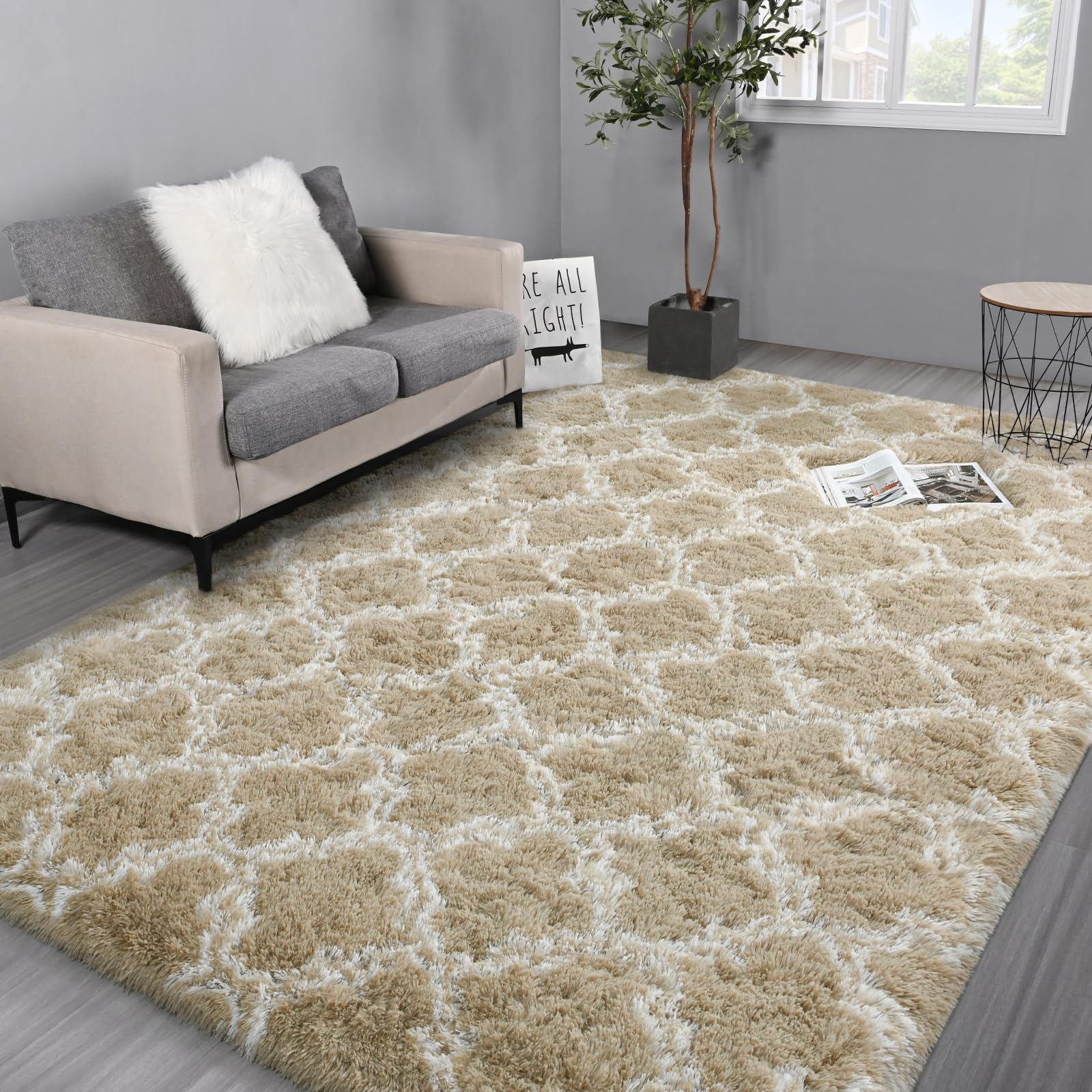 Hutha 8x10 Shag Large Area Rugs for Living Room, Beige and White Modern Super Soft Bedroom Carpet, Moroccan Luxury Geometric Plush Fluffy Rug for Kids Nursery Girls Room Indoor Home Decor
