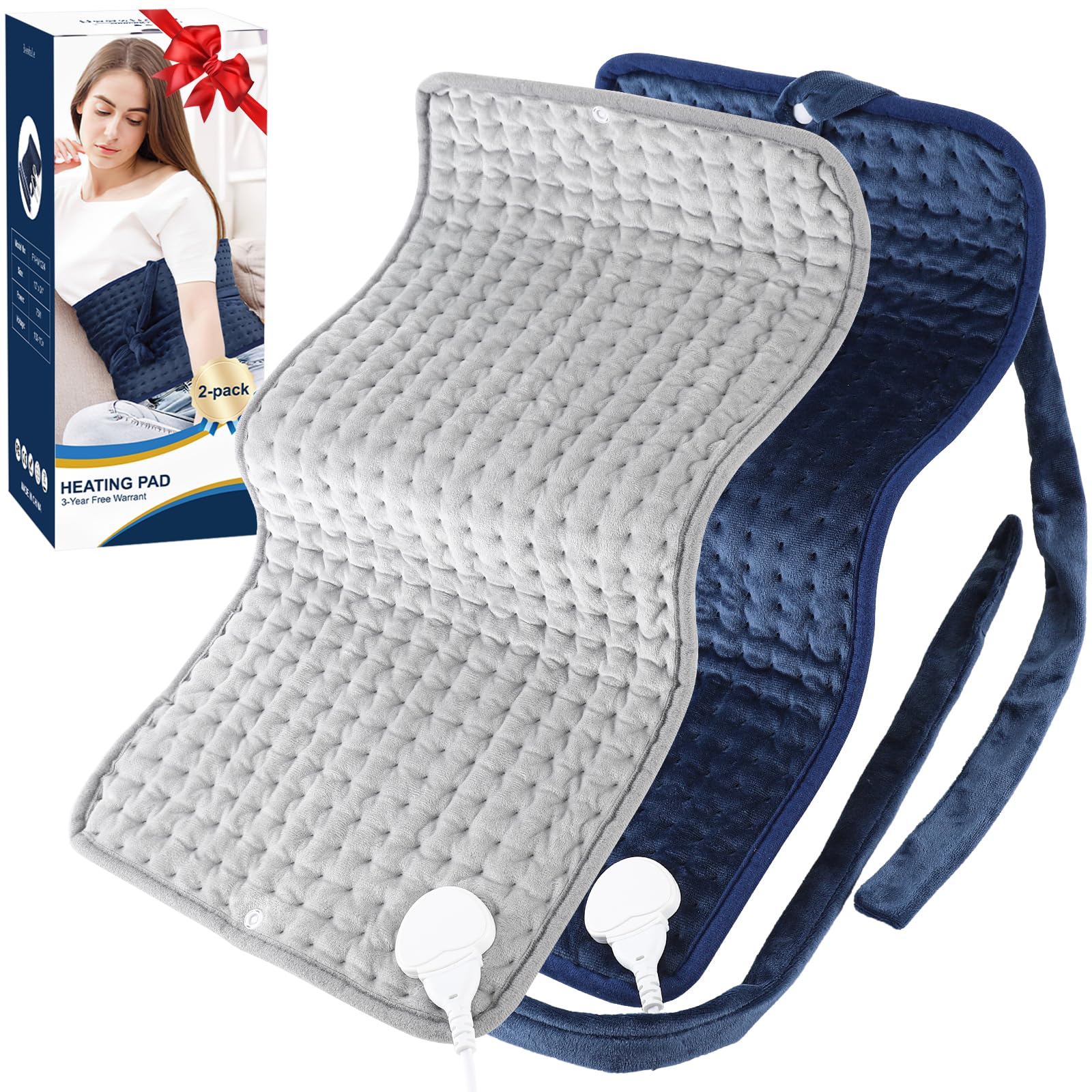 2 Pack XL Heating Pads for Back Pain & Cramps Relief,10 Heat Settings,Auto Shut Off,Moist Heat Pad for Neck and Shoulders,Electric Heat Pads for Knees,Legs,Gifts for Women & Men,Gray & Navy,12''x24''