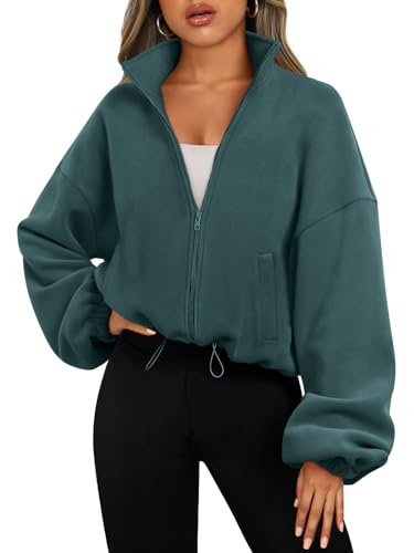 AUTOMET Womens Fleece Jackets Zip Up Oversized Sweatshirts Winter Clothes Long Sleeve Crop Sherpa Fall Outfits Fashion Green S