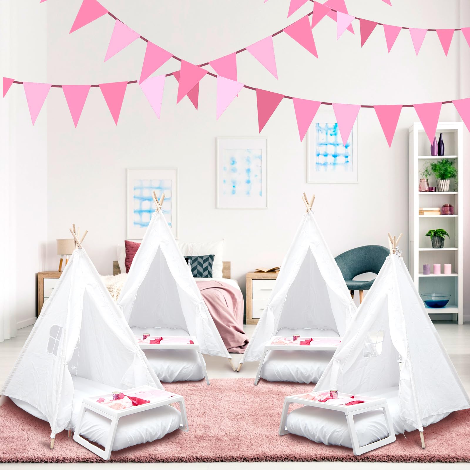 Windyun 4 Pack Kids Teepee Tent Bulk with Light String & Inflatable Airbed & Bedding Fitted Sheet, Natural Cotton Toddler Play Tent Washable Foldable Tent for Girls Boys Indoor Outdoor (White)