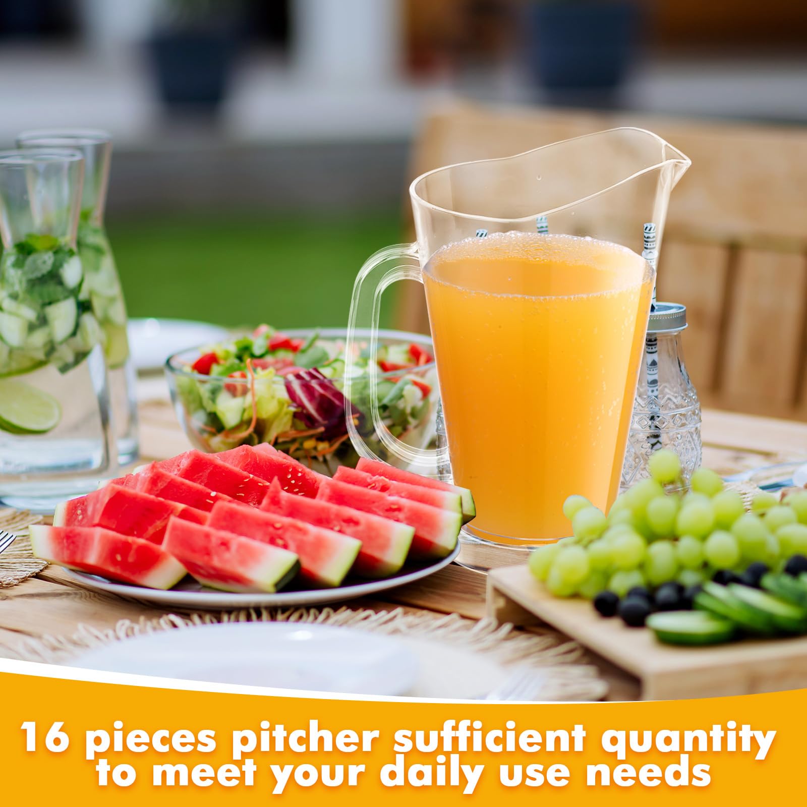 Tioncy 16 Pcs Clear Plastic Drink Pitcher Bulk 34 oz, Water Pitcher with Handle Beverage Pitchers Beer Ice Pitcher Restaurant Serving Jug for Wedding Table Xmas Party Container