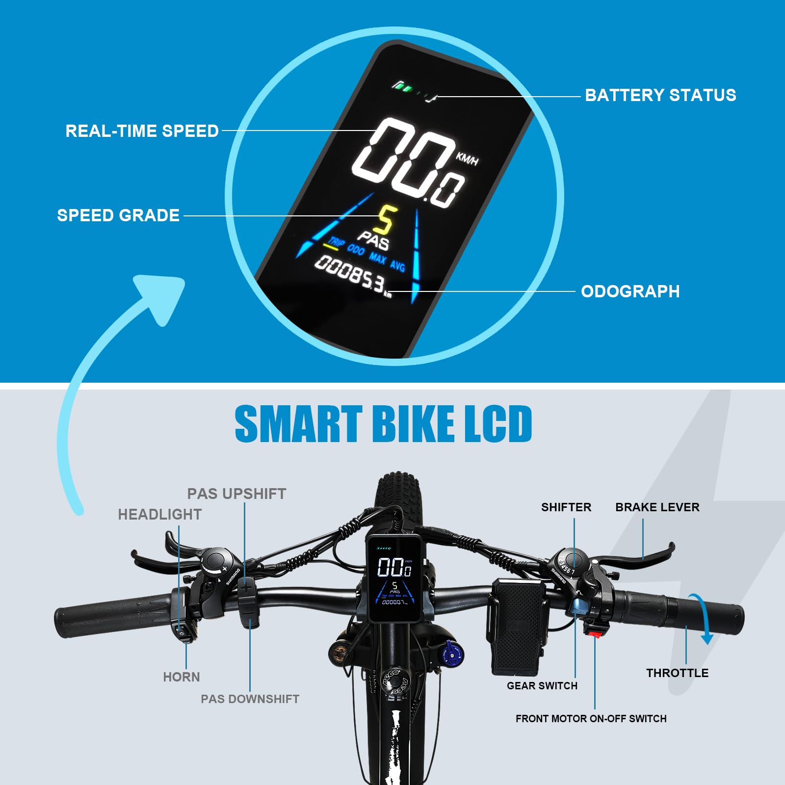 QIKAITU Electric Bike for Adults 1600W 48V 20AH Removable Battery 28MPH 26" x 4" Fat Tire Snow Beach Mountain Ebike with 21-Speed Shifting Gear Hydraulic Disc Brake City Electric Bicycles(Black-Blue)