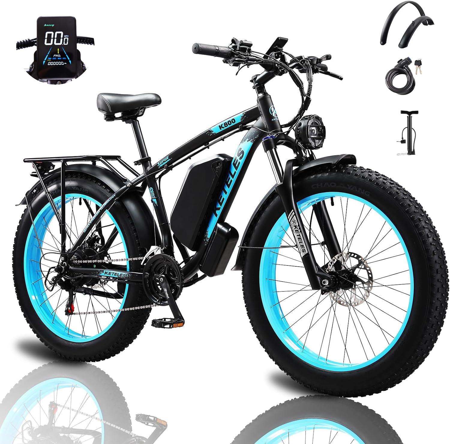 QIKAITU Electric Bike for Adults 1600W 48V 20AH Removable Battery 28MPH 26" x 4" Fat Tire Snow Beach Mountain Ebike with 21-Speed Shifting Gear Hydraulic Disc Brake City Electric Bicycles(Black-Blue)